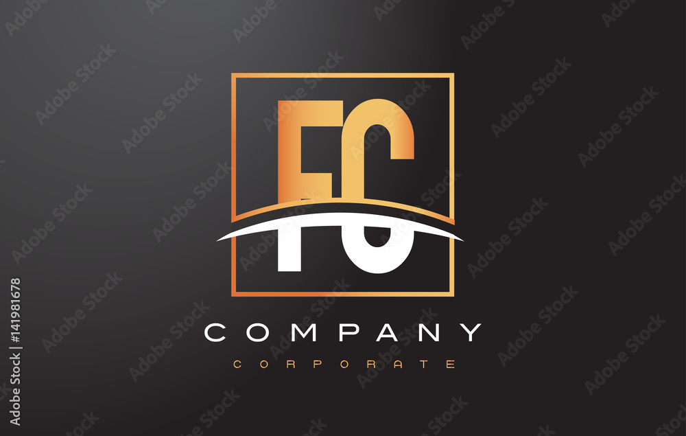 FC F C Golden Letter Logo Design with Gold Square and Swoosh. Stock ...