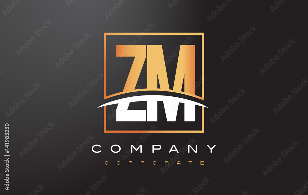 ZM Z M Golden Letter Logo Design with Gold Square and Swoosh. Stock ...