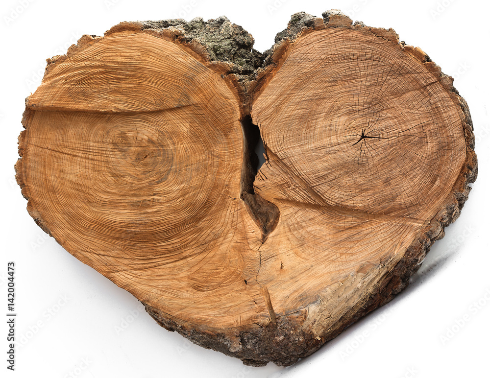 Stump in the shape of the heart, Stump with a crack, wooden background ...