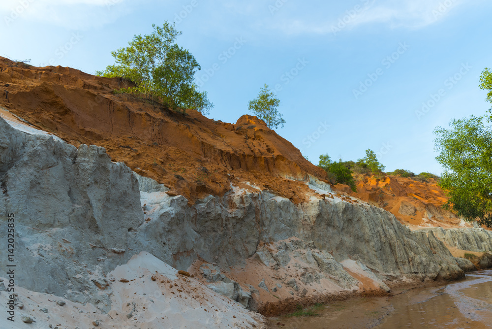 Landscape with river between red rocks and jungle Ham Tien canyon Mui ...