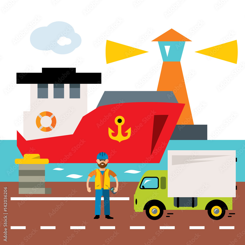 Vector Sea port. Cargo and shipping. Flat style colorful Cartoon ...