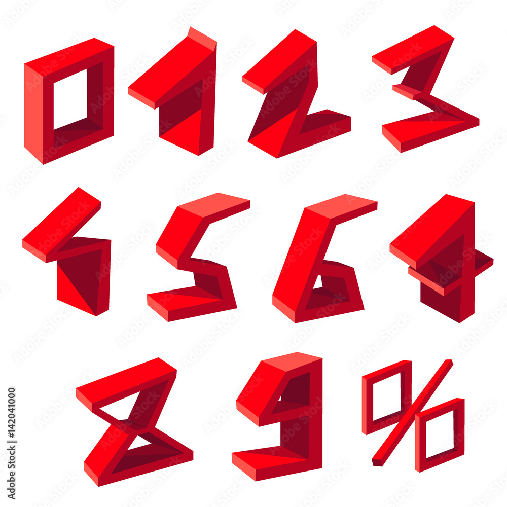 Set direct 3D red numbers, a sign of interest. Isometric numeric ...