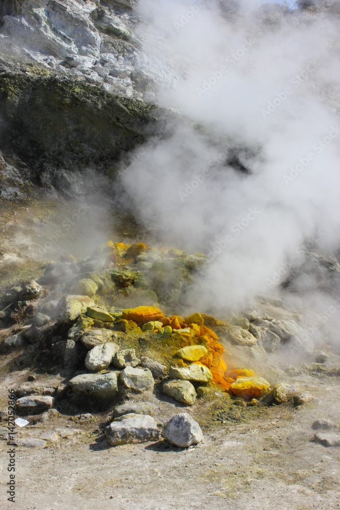 The Solfatara is a shallow volcanic crater with steam with sulfurous ...