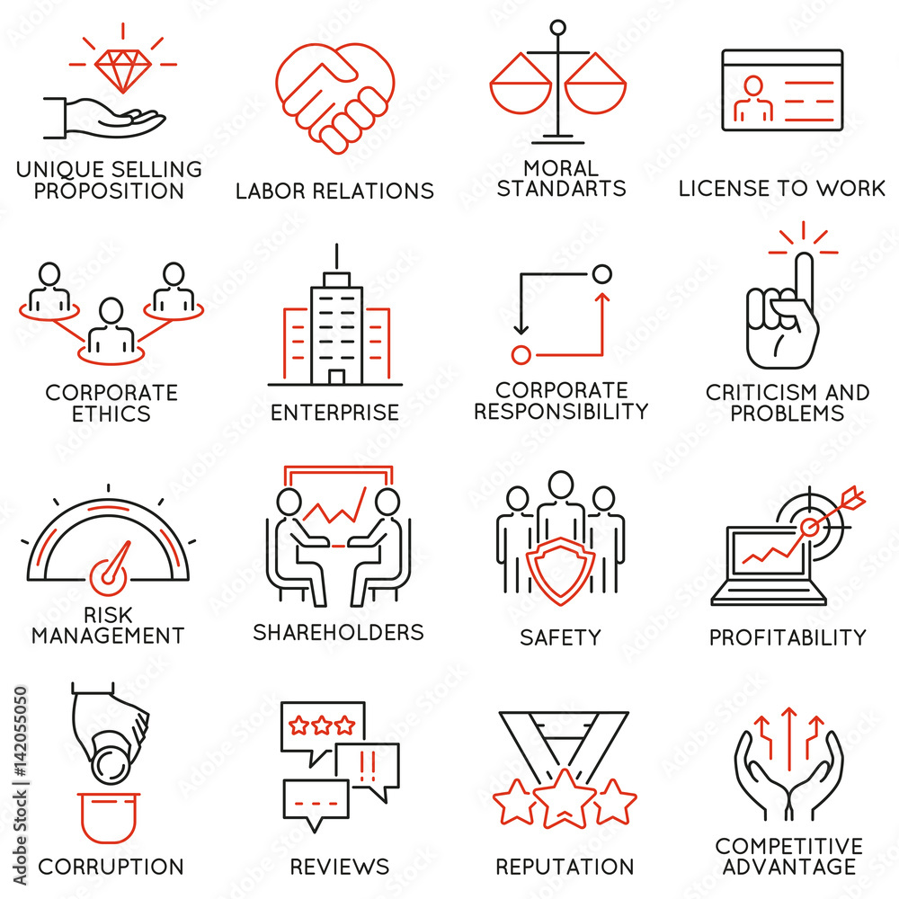 Vector set of 16 icons related to business ethics, management, strategy ...