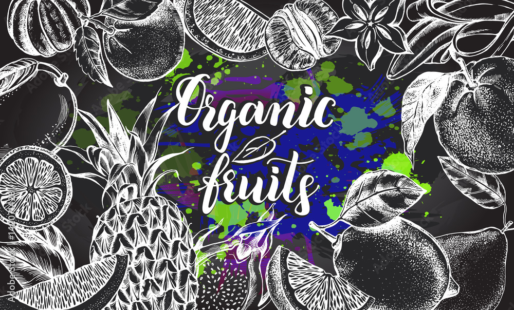 Background with Ink hand drawn citrus, tropical fruits and brush ...