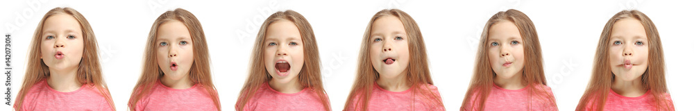 Speech training concept. Little girl doing exercises for correct ...