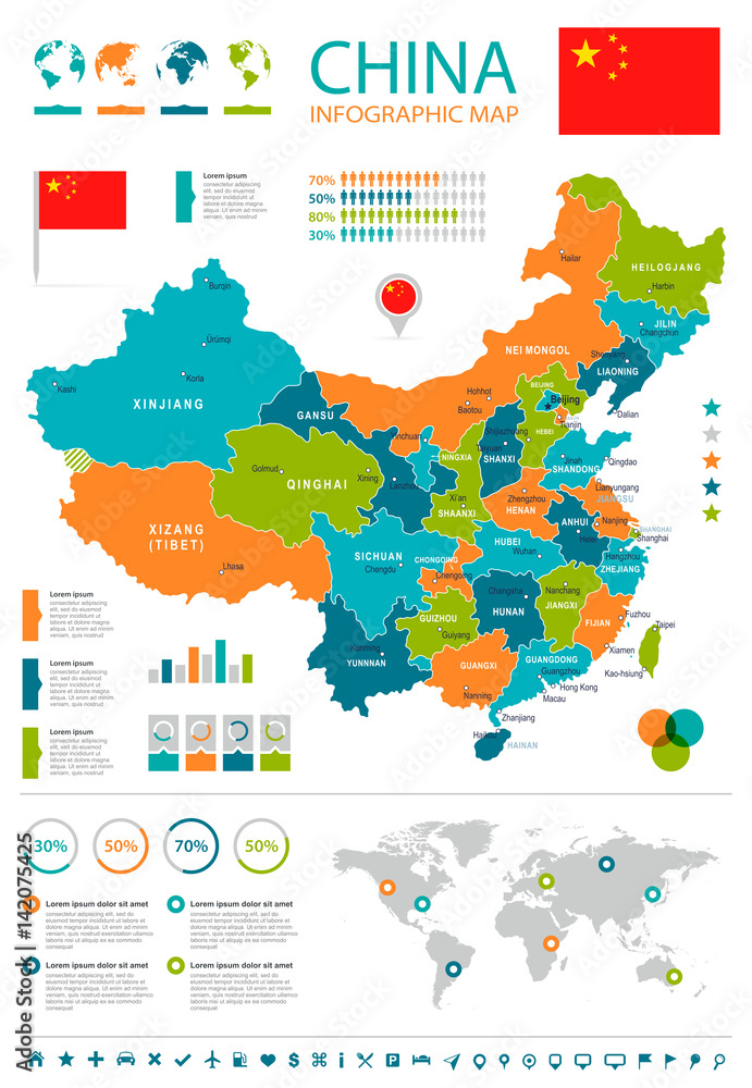 China - map and flag - infographic illustration Stock Vector | Adobe Stock