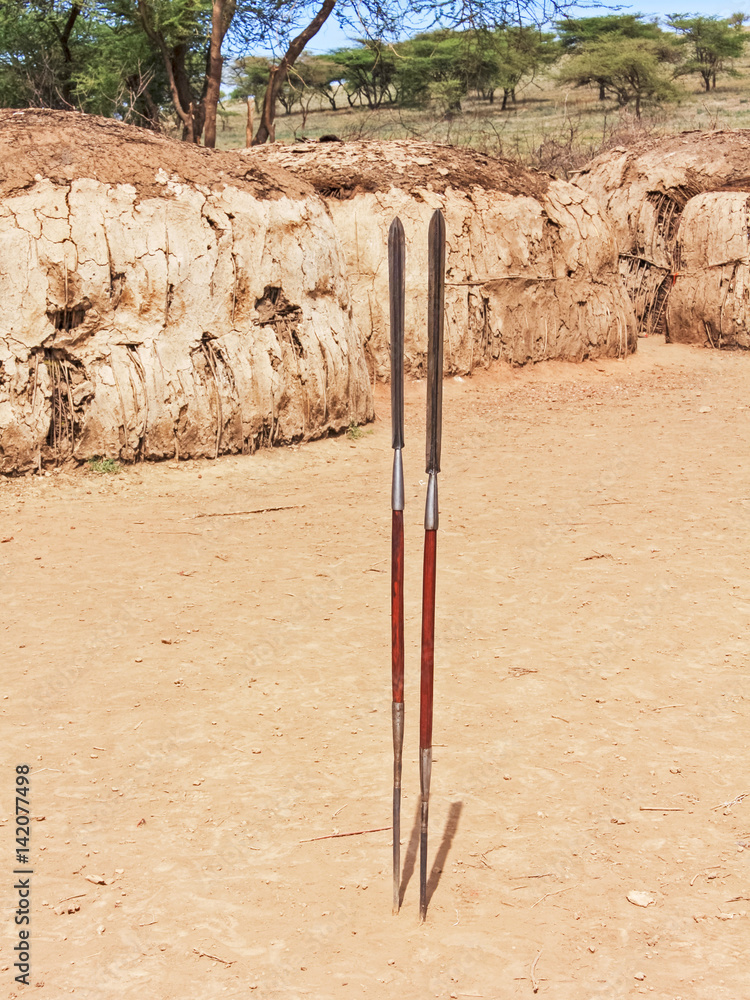 Foto de Two spears stuck in ground on field before dry dung cabins ...