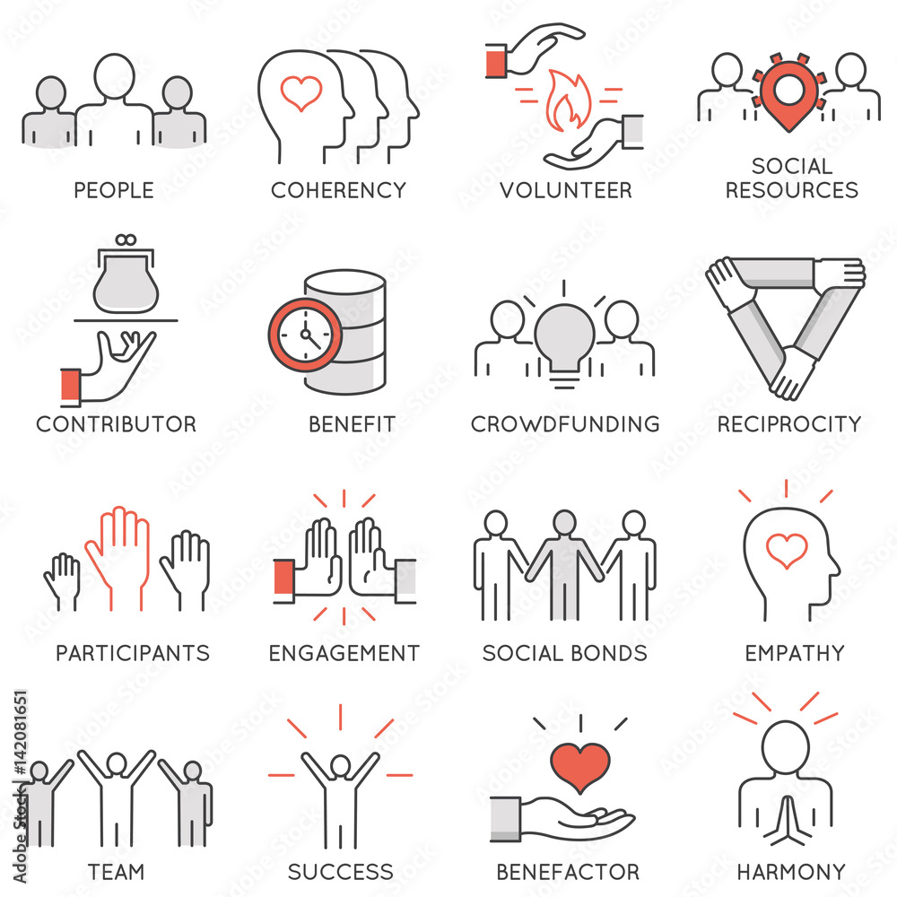Vector set of 16 thin icons related to altruism, benevolence, human ...