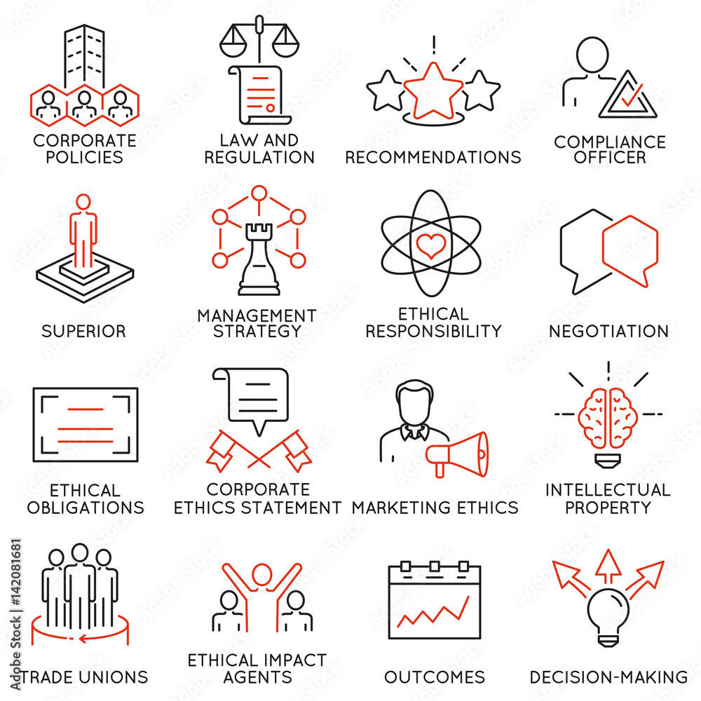 Vector set of 16 icons related to business ethics, management, strategy ...
