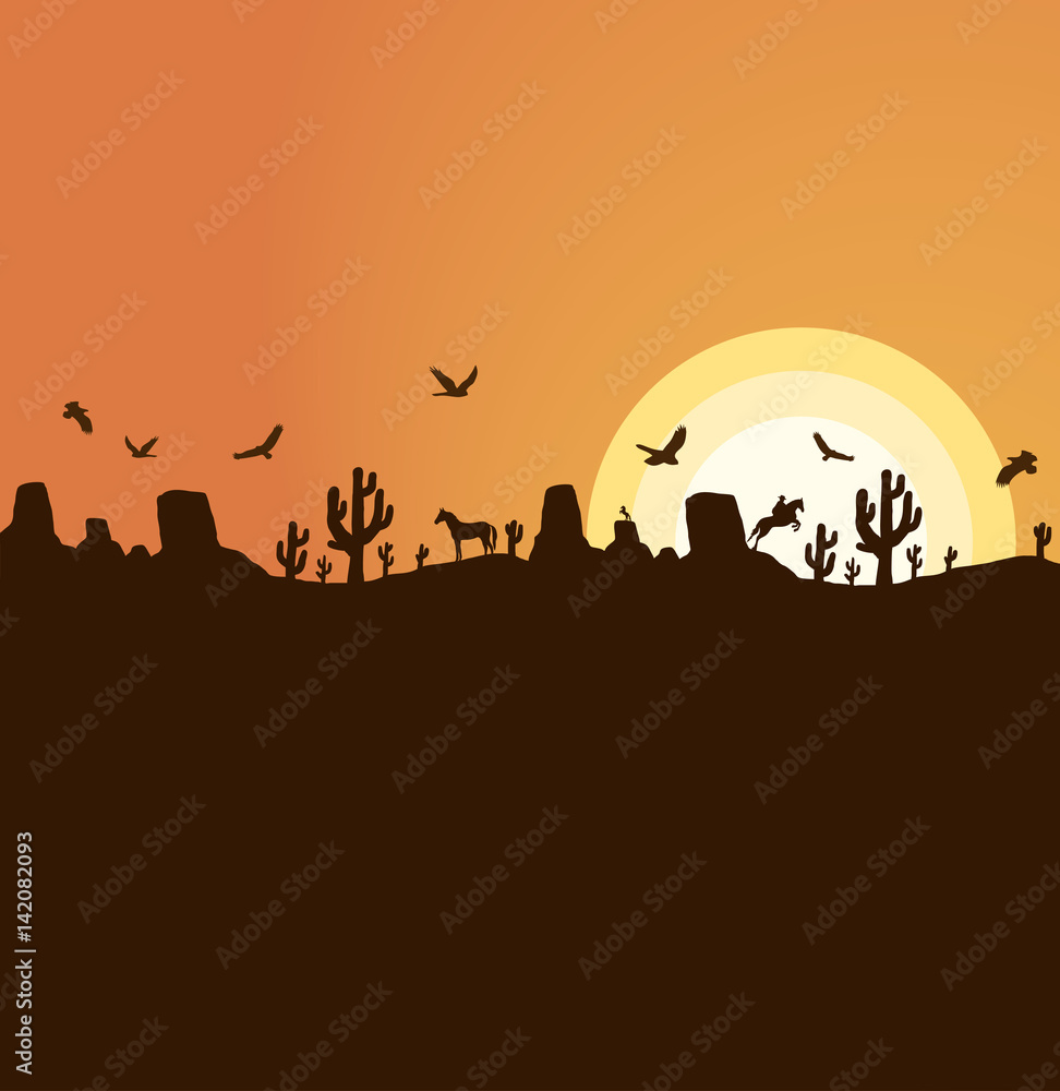 Vecteur Stock Wild West american landscape.Vector western background ...