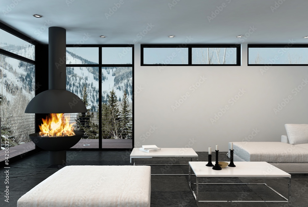 Fire roars in modern corner fireplace of apartment Stock Illustration ...