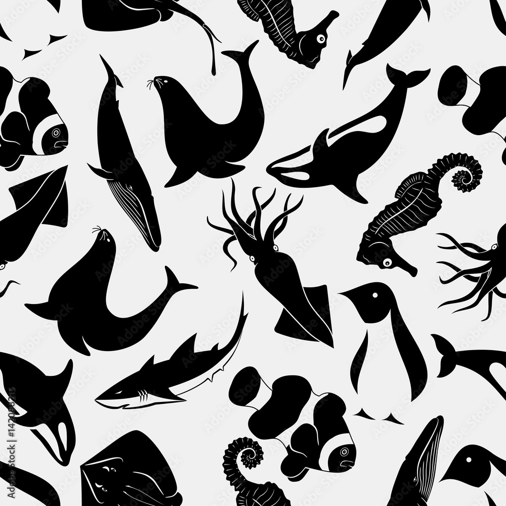Sea Animals seamless pattern. Repeating Penguin, Stingray, Sea lion ...
