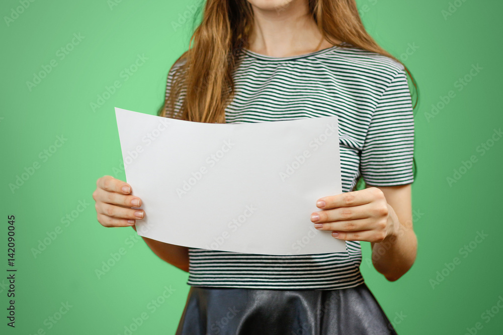 Woman showing blank white big A4 paper. Leaflet presentation. Pamphlet ...