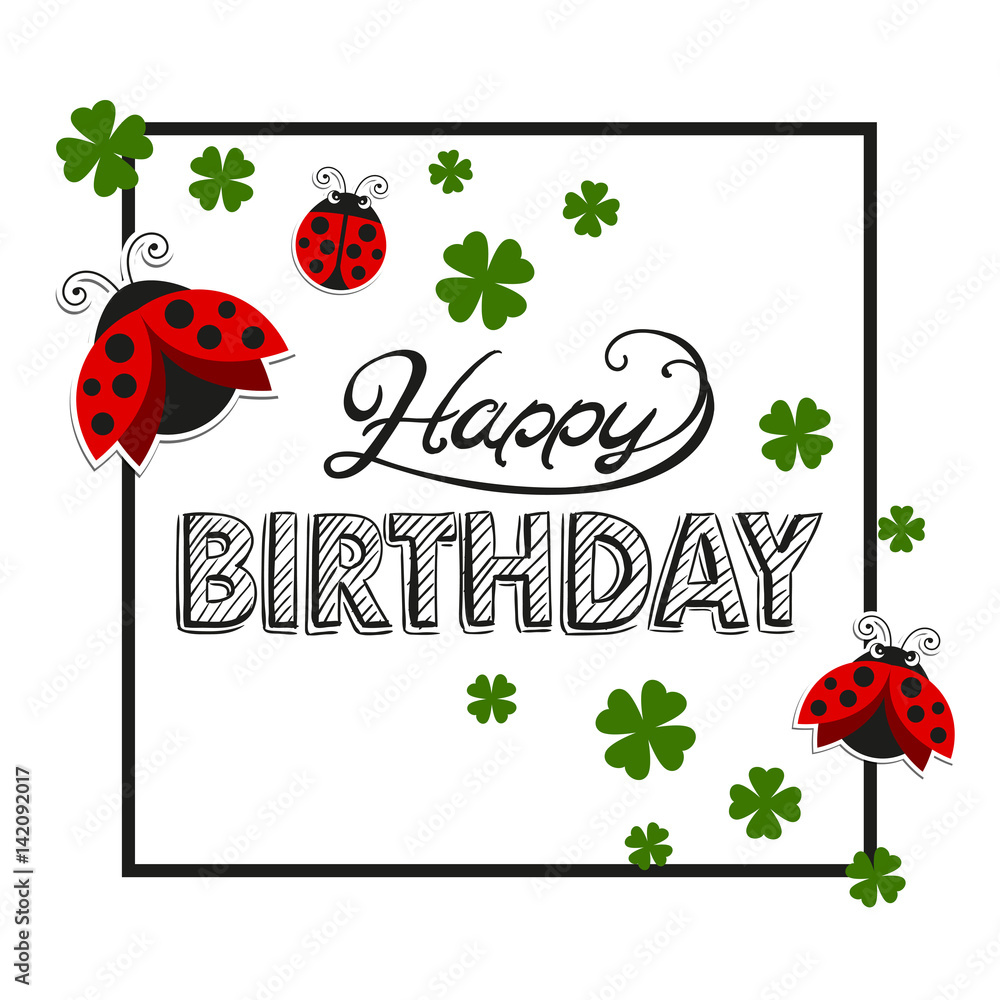 Vector Illustration of a Happy Birthday Greeting Card with Ladybugs ...