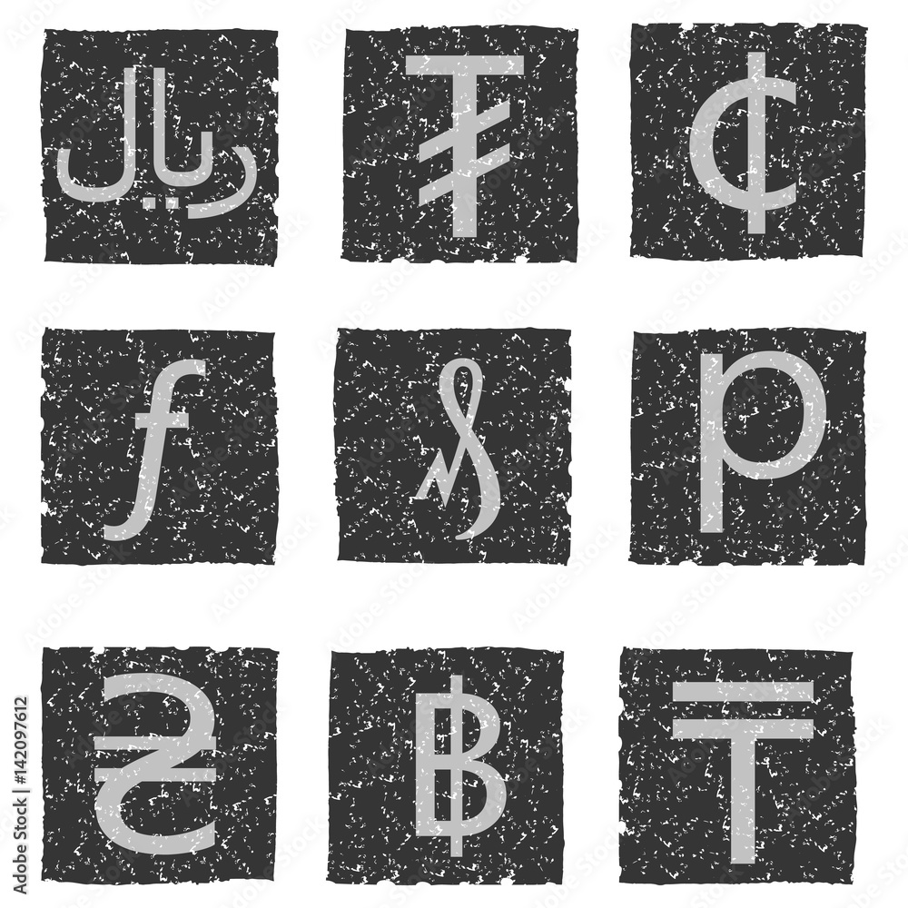 Vector illustration of black and white grunge icons with symbols of ...