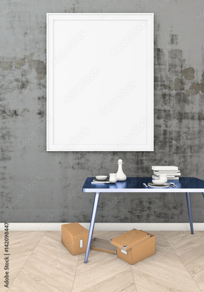 mock up of the poster in a frame on the wall with plaster in a modern ...