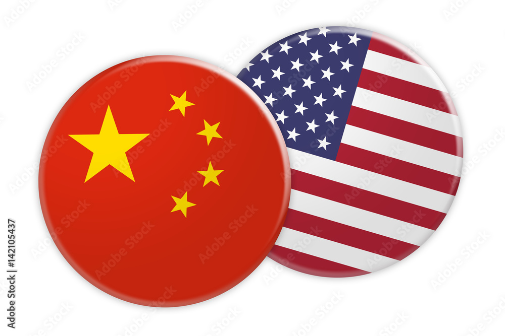 News Concept: China Flag Button On USA Flag Button, 3d illustration on ...