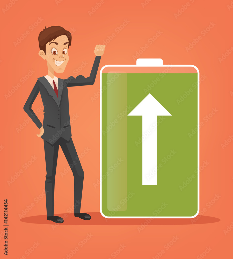 Businessman character full of energy. Good morning. Vector flat cartoon ...