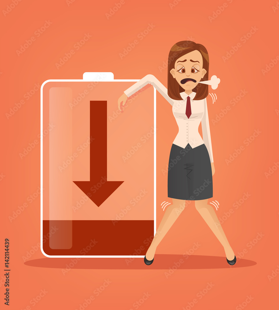 Businesswoman character tired. Hard work. Low battery. Vector flat ...