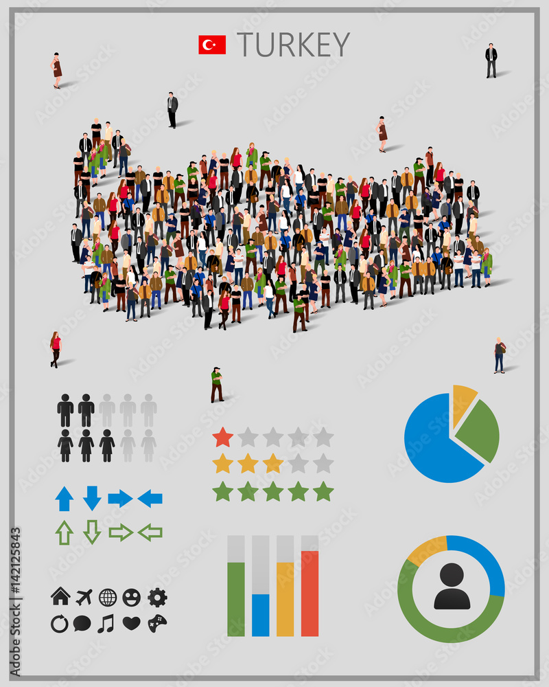 Large group of people in form of Turkey map with infographics elements ...