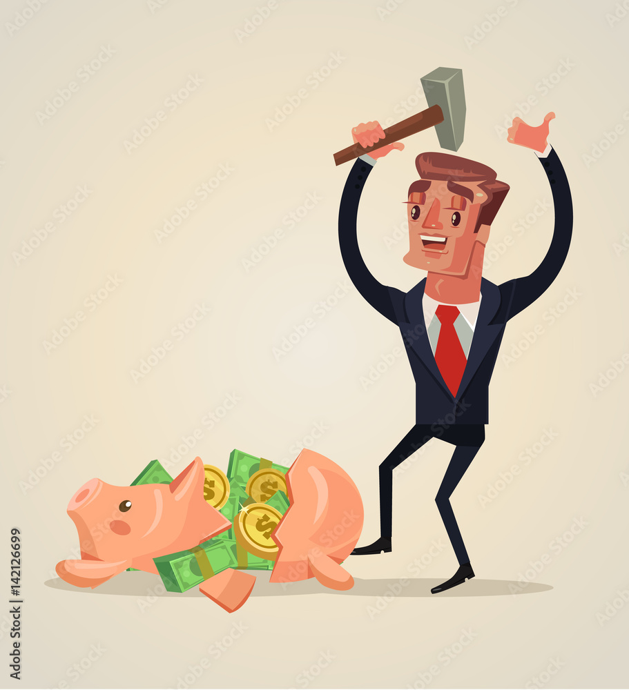 Businessman character smashed piggy bank and have a lot of money ...