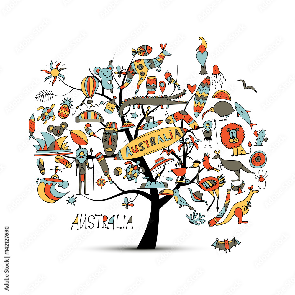 Australian map tree with icons set, sketch Stock Vector | Adobe Stock