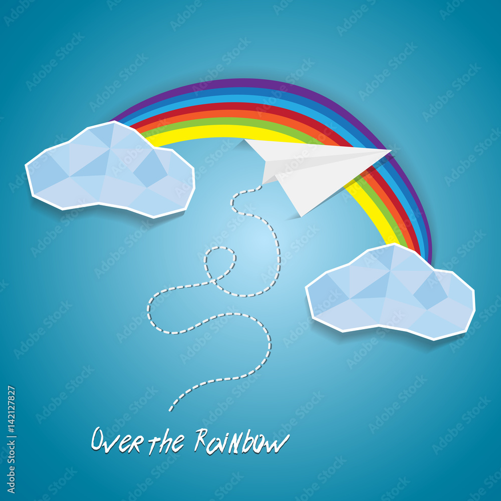 Paper plane flying between clouds and over rainbow.Idea success cutout ...