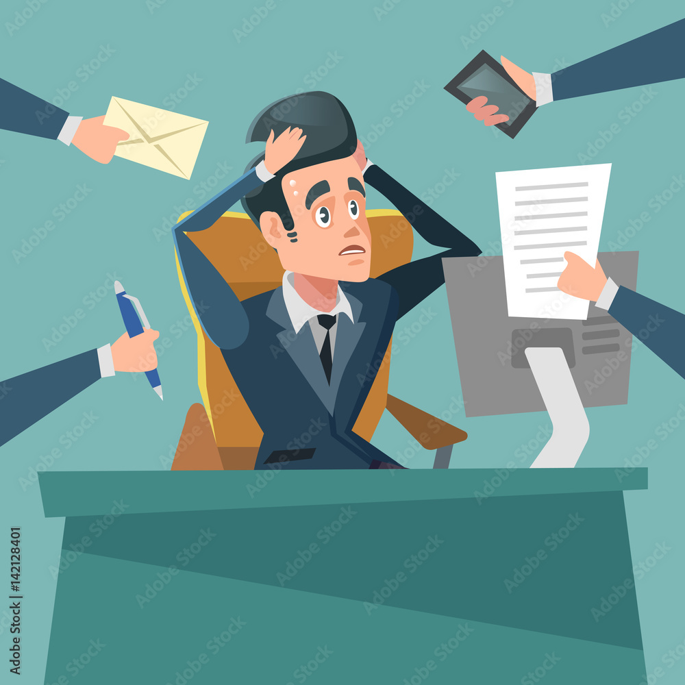 Shocked Multitasking Businessman. Stress at Work. Vector cartoon ...