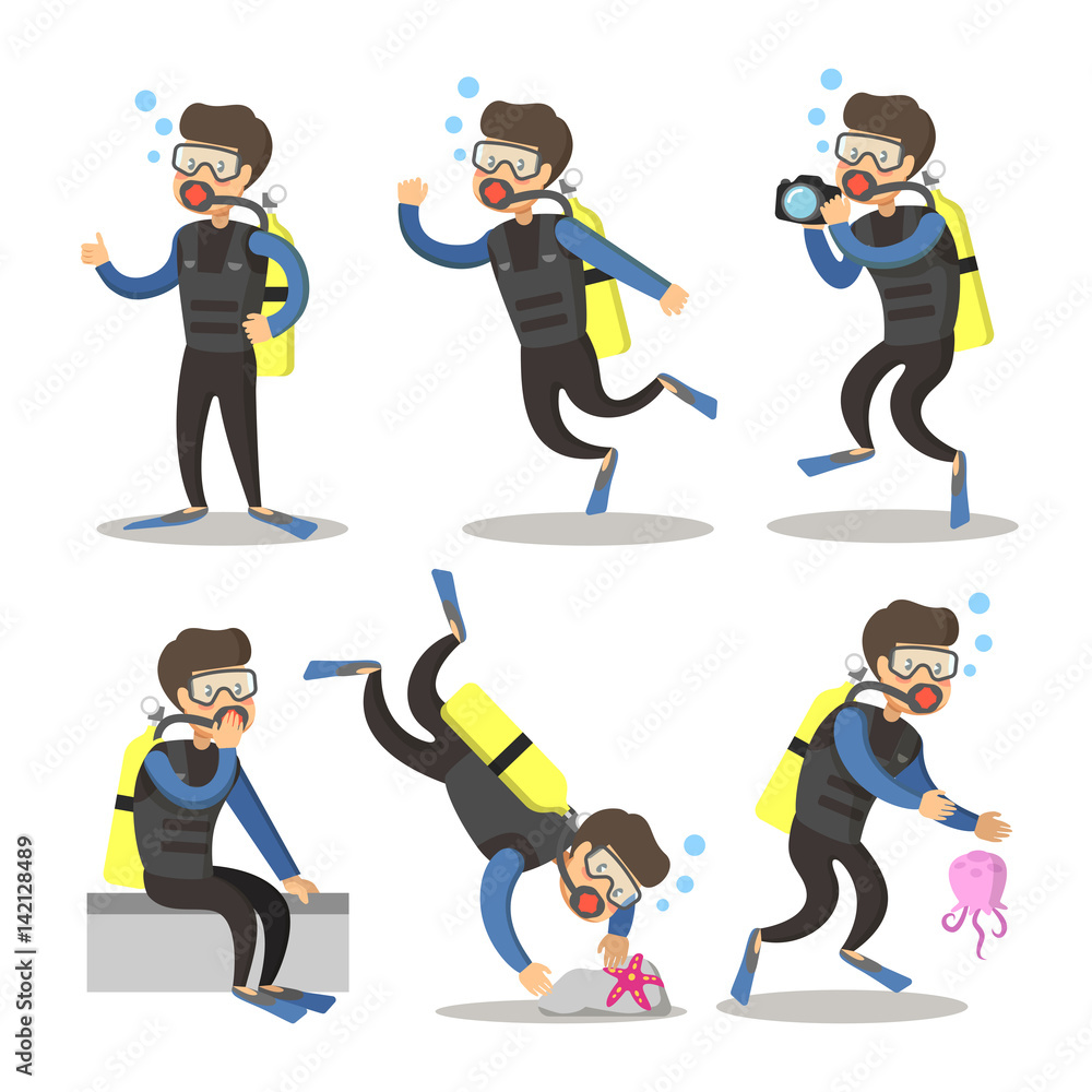 Vetor de Scuba Diver Cartoon Set. Snorkeling Diving. Vector ...