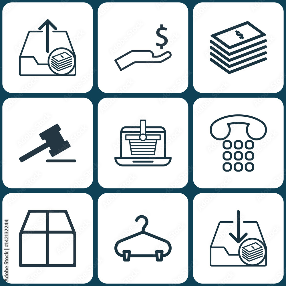 Set Of 9 E-Commerce Icons. Includes E-Trade, Peg, Gavel And Other ...