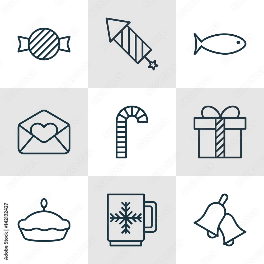Set Of 9 Celebration Icons. Includes Firework, Greeting Email, Flan And ...