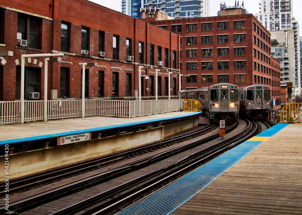 Transit system in Chicago - Two Elevated "el" trains entering and ...