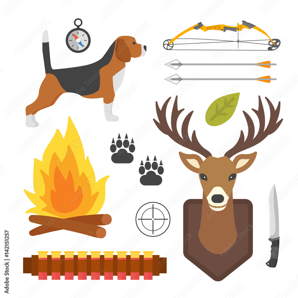 Set of vintage hunting symbols camping objects design elements flat ...