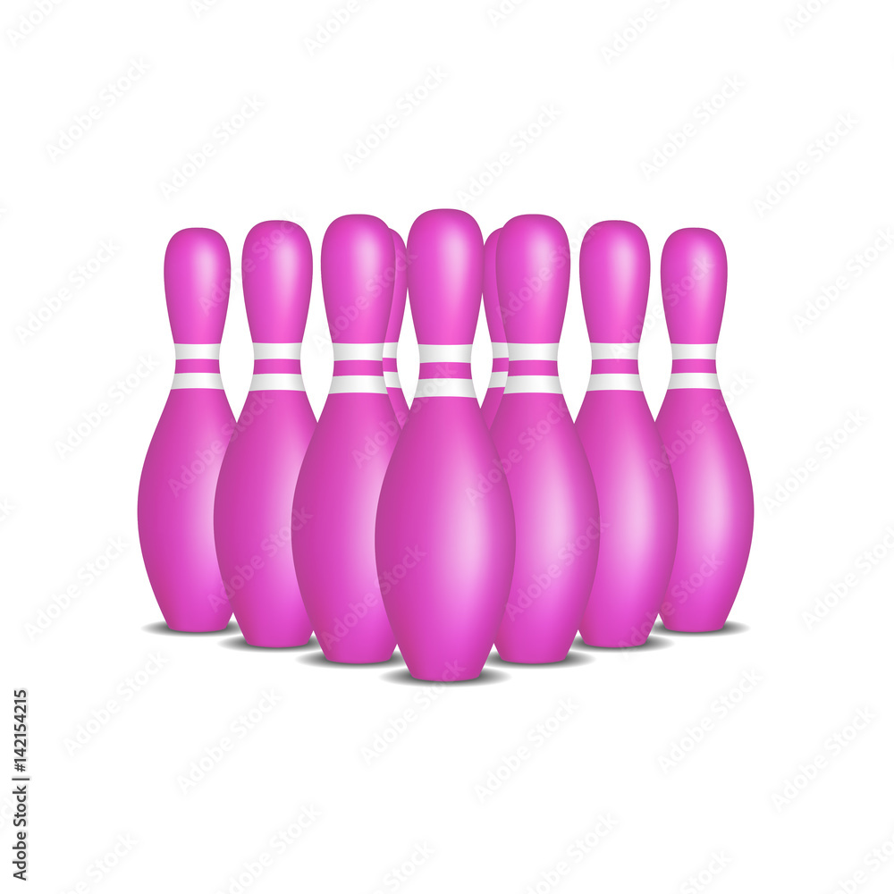 Bowling pins in pink design with white stripes standing in formation ...
