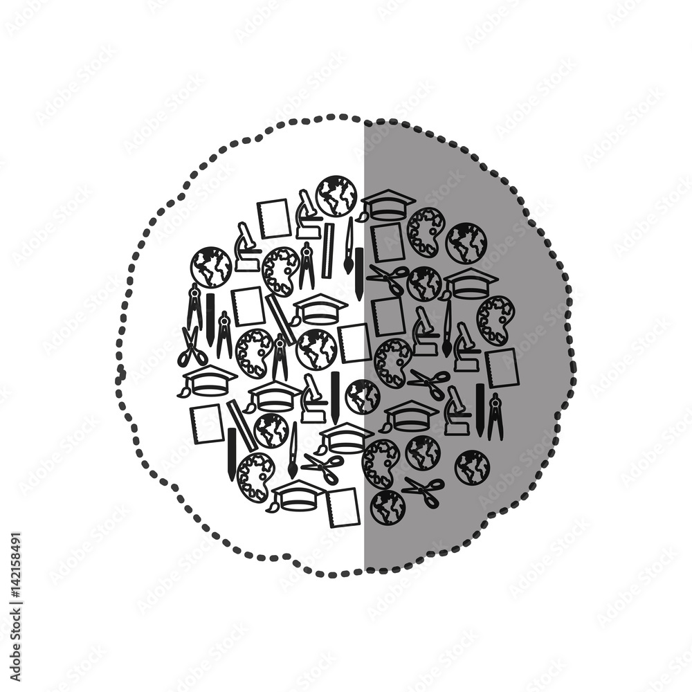 monochrome contour sticker with set of study icons in circle shape ...