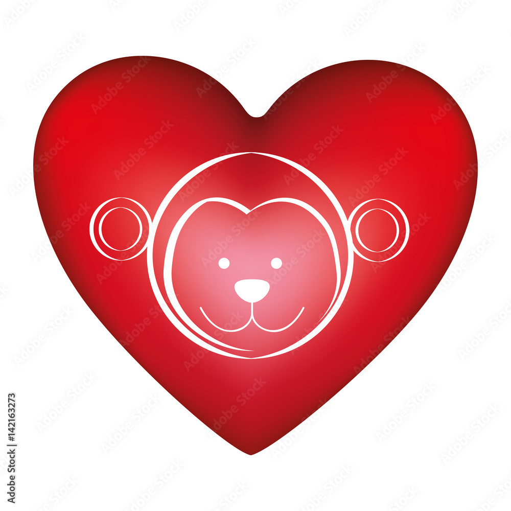 red heart shape with silhouette face cute monkey animal vector ...