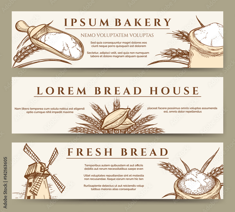 Vecteur Stock Hand drawn fresh bread and bakery banners with mill ...