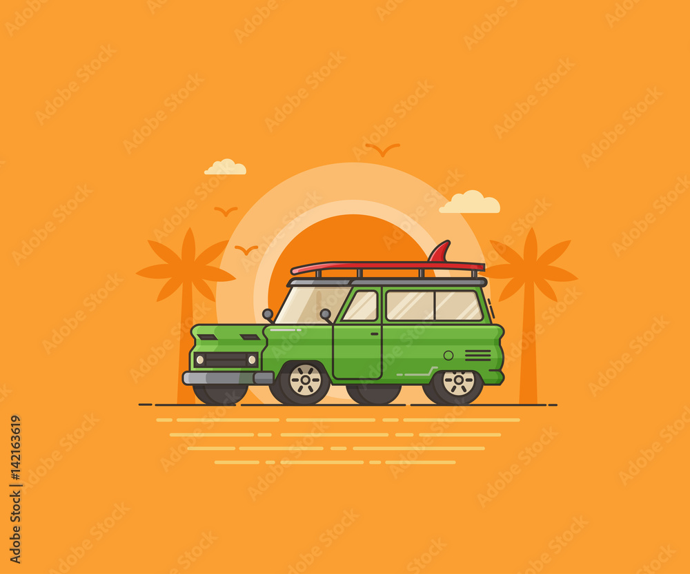 Surf car on palm beach background. Surfing auto travel concept vector ...