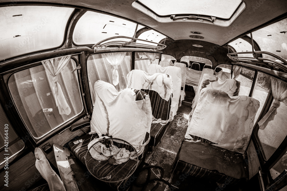 Haunted bus, murder scene, apocalyptic vision with blood covered sheets ...