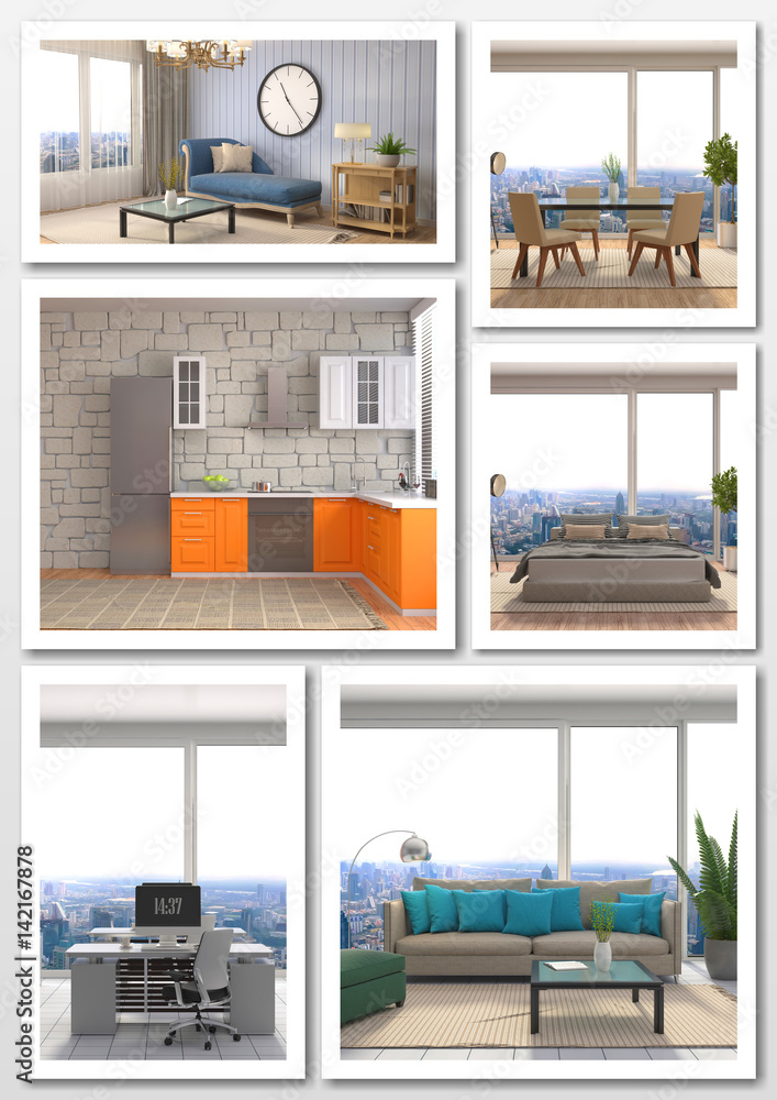 Collage of modern home interior. 3d illustration ilustración de Stock ...