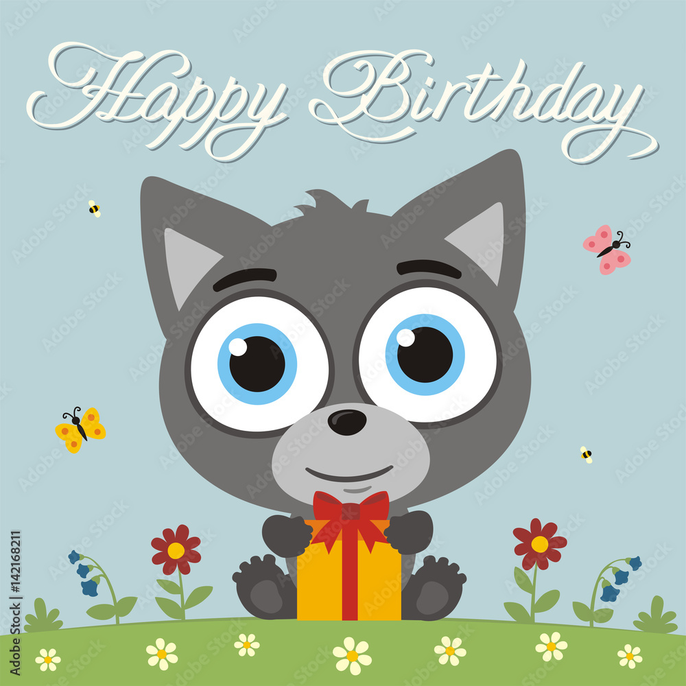 Happy birthday! Funny little wolf with birthday gift in cartoon style ...