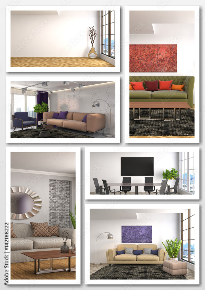 Collage of modern home interior. 3d illustration ilustración de Stock ...