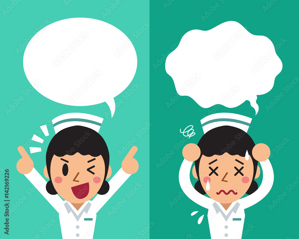 Cartoon female nurse expressing different emotions with speech bubbles ...
