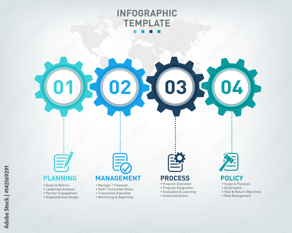 Vector infographic template with gears, icons and 4 options withing ...