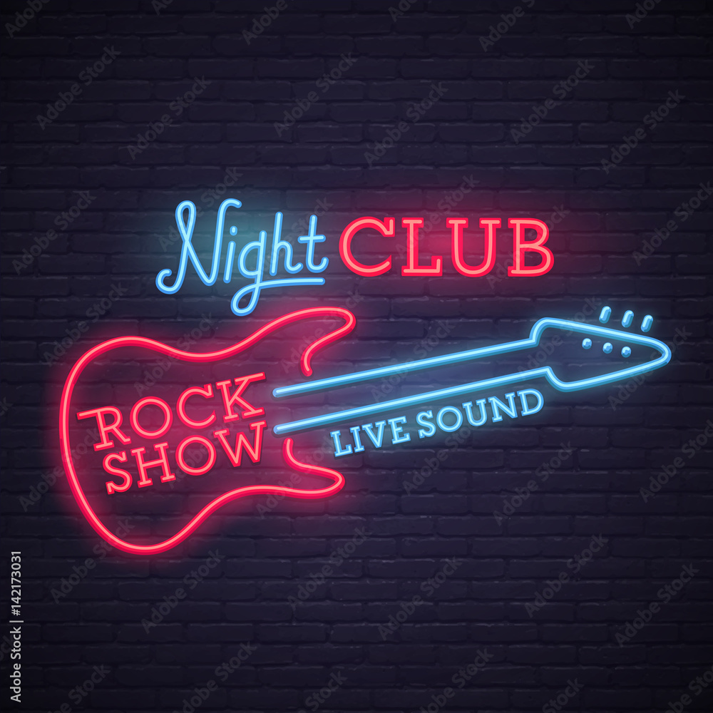 Rock Show sign. bright signboard, light banner. Night club logo, emblem ...