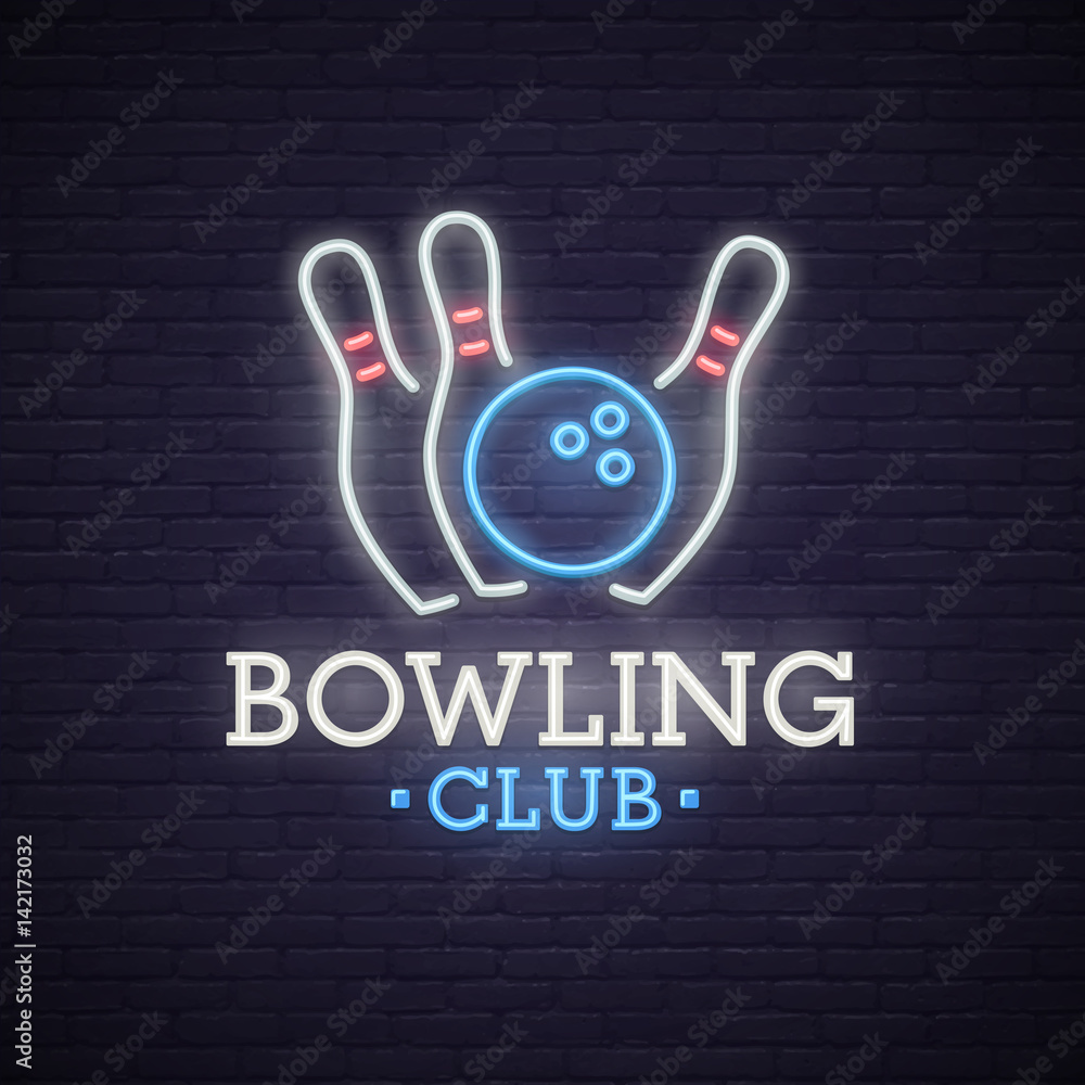 Bowling neon sign. bright signboard, light banner. Bowling club logo ...