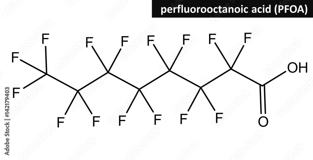 Molecular structure of Perfluorooctanoic acid (PFOA), 3D rendering ...
