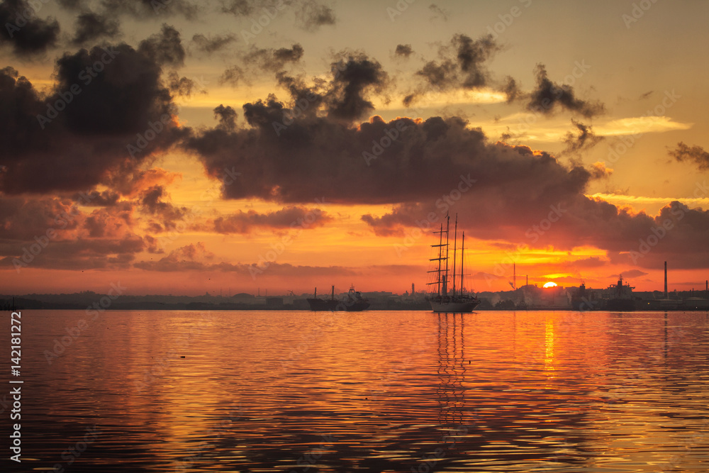 Sail boat at sunrise in Havana port, Cuba Stock Photo | Adobe Stock