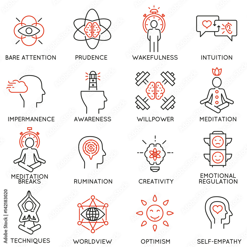 Vector set of 16 linear icons related to mindfulness, awareness ...